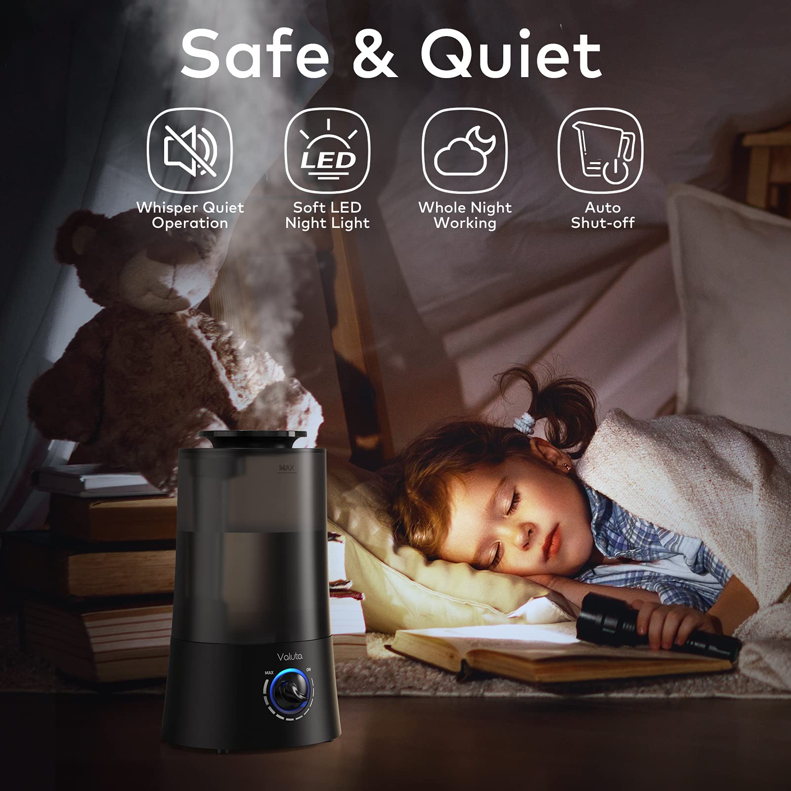 Humidifiers for Bedroom - 4L Cool Mist Humidifier Top Fill Oil Diffuser Quiet Ultrasonic Humidifiers for Home Large Room, Adjustable 360° Mist Output Control, Auto Shut Off, Humidifiers for Baby