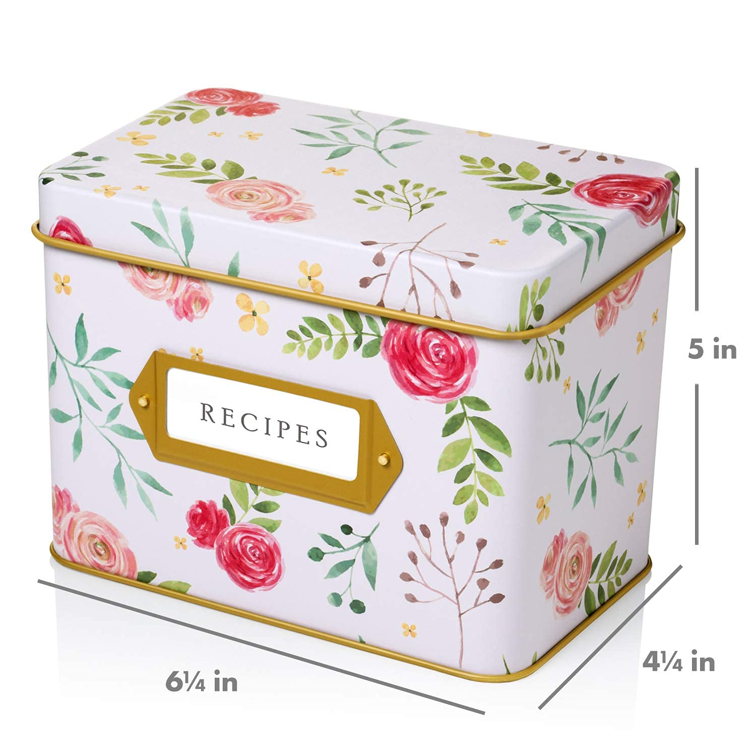 Jot & Mark Decorative Recipe Tin Box for Recipe Cards, Greeting Card Holder | Holds Hundreds of 4” x 6” Cards (Pink Peonies)