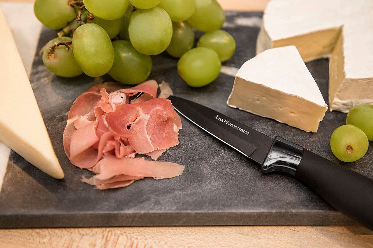 Luxhomewares 6 Piece Knife Set | 5 Beautiful Black Titanium Knives with Block Sharp Kitchen Sets Multiple Size, All Purpose 8 inch Chef, Bread, & Carving Utility Paring