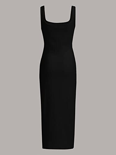Verdusa Women's Casual Sleeveless Square Neck High Waist Rib Knit Tank Long Dress Black L