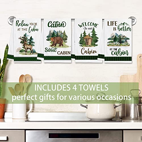 Hexagram Cabin Decor, Cabin Kitchen Towels Set of 4, Farmhouse Bear Deer Tea Towels, Log Cabin Decor, Rustic Decorative Hand Towels for Kitchen, New Home Housewarming Gifts