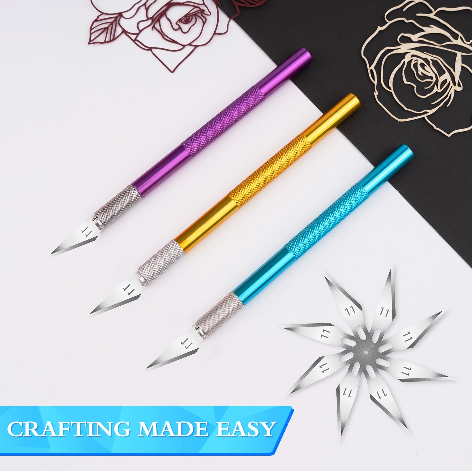JETMORE Exacto Knife, 3 Exacto Knives with 30 Exacto Blades #11, Exacto Knife Set for Crafting, Craft Knife, Hobby Knife, Precision Art Knife for Scrapbooking, Modeling, Stencil (Black-Silver-Pink)