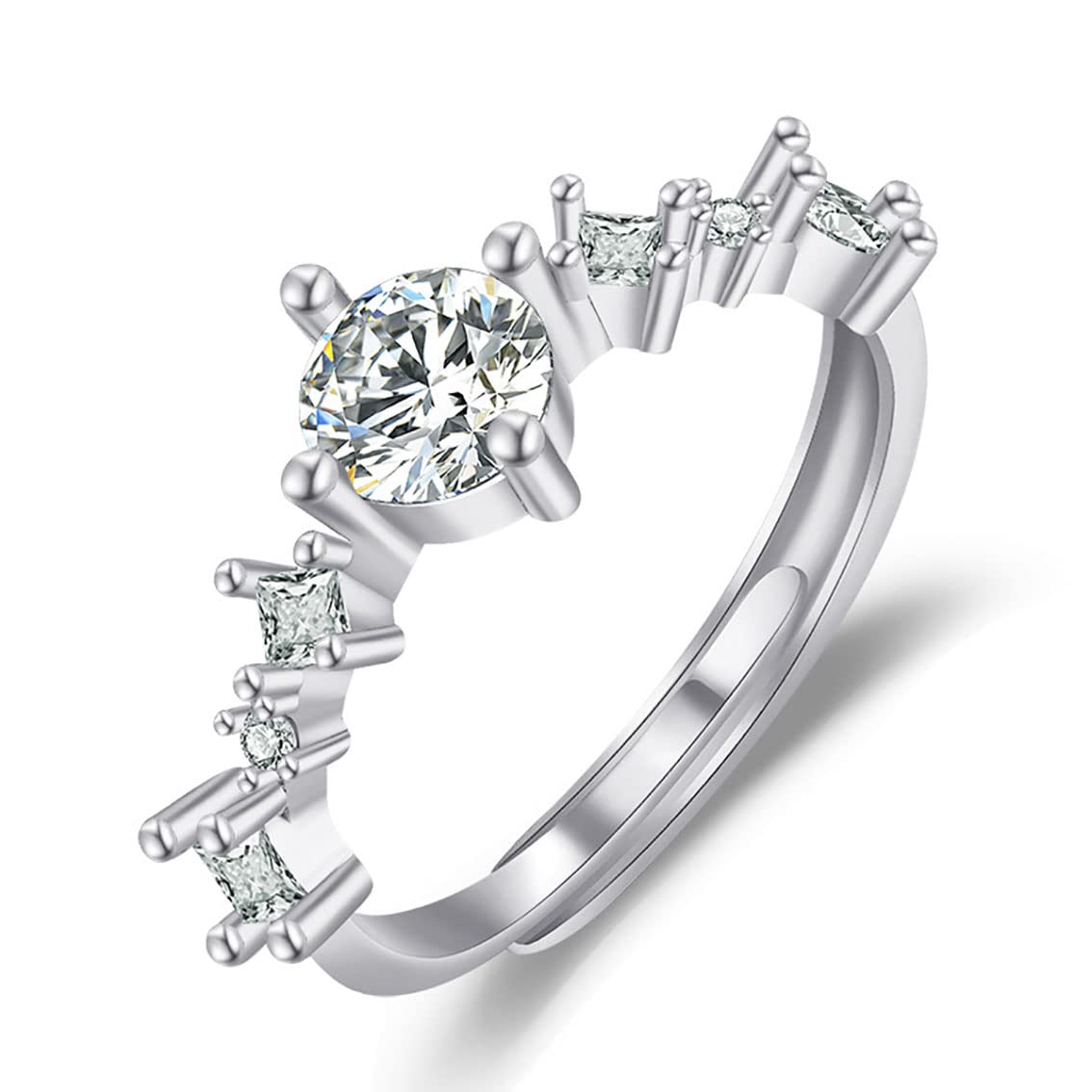 HONYAT Simulation Diamond Ring Wedding or Engagement Opening Copper Silver Plated Adjustable Ring Fashion S925 Sterling Silver Zircon Single Diamond Live Mouth Ring