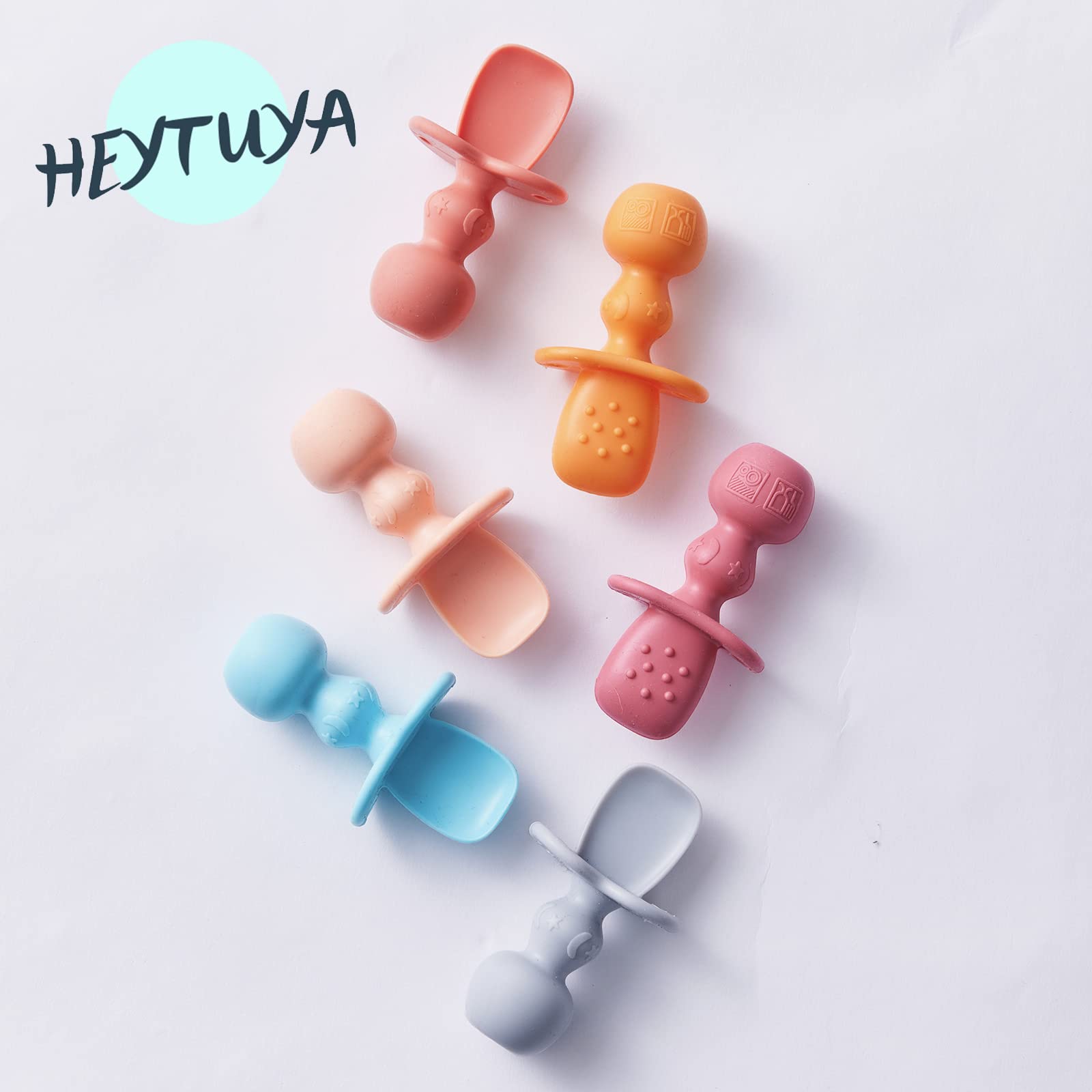 HEYTUYA 4 Pack Silicone Baby Spoons Self Feeding 6+ Months, Infant Toddler Utensils for Baby Led Weaning, First Stage Self Feeding Supplies Chewable Utensils, Grey, Blue, Light Red, Orange