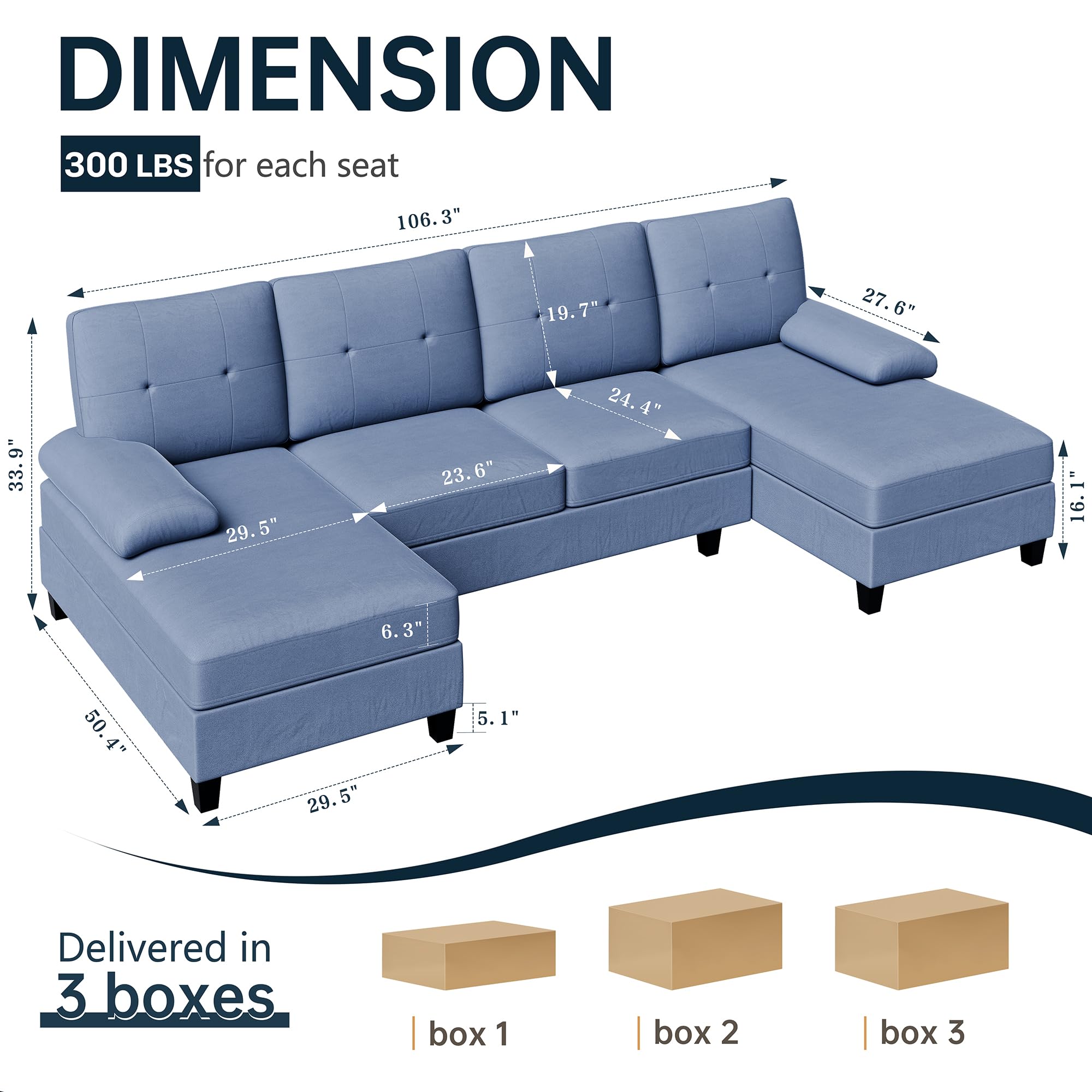 Meilocar Sectional Couches for Living Room, 4 Seat Sofa Set U Shaped Couch with Wide Double Chaise, 106in Modern Sofa Fabric Large Couch with Oversized Seats (Blue)