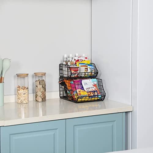 LUMAMU 2-Tier Stackable Wire Baskets for Storage Pantry, Hanging Wall Basket with Removable Dividers Countertop Basket Organizer for Snack Fruit Veggies Canned Food, Black
