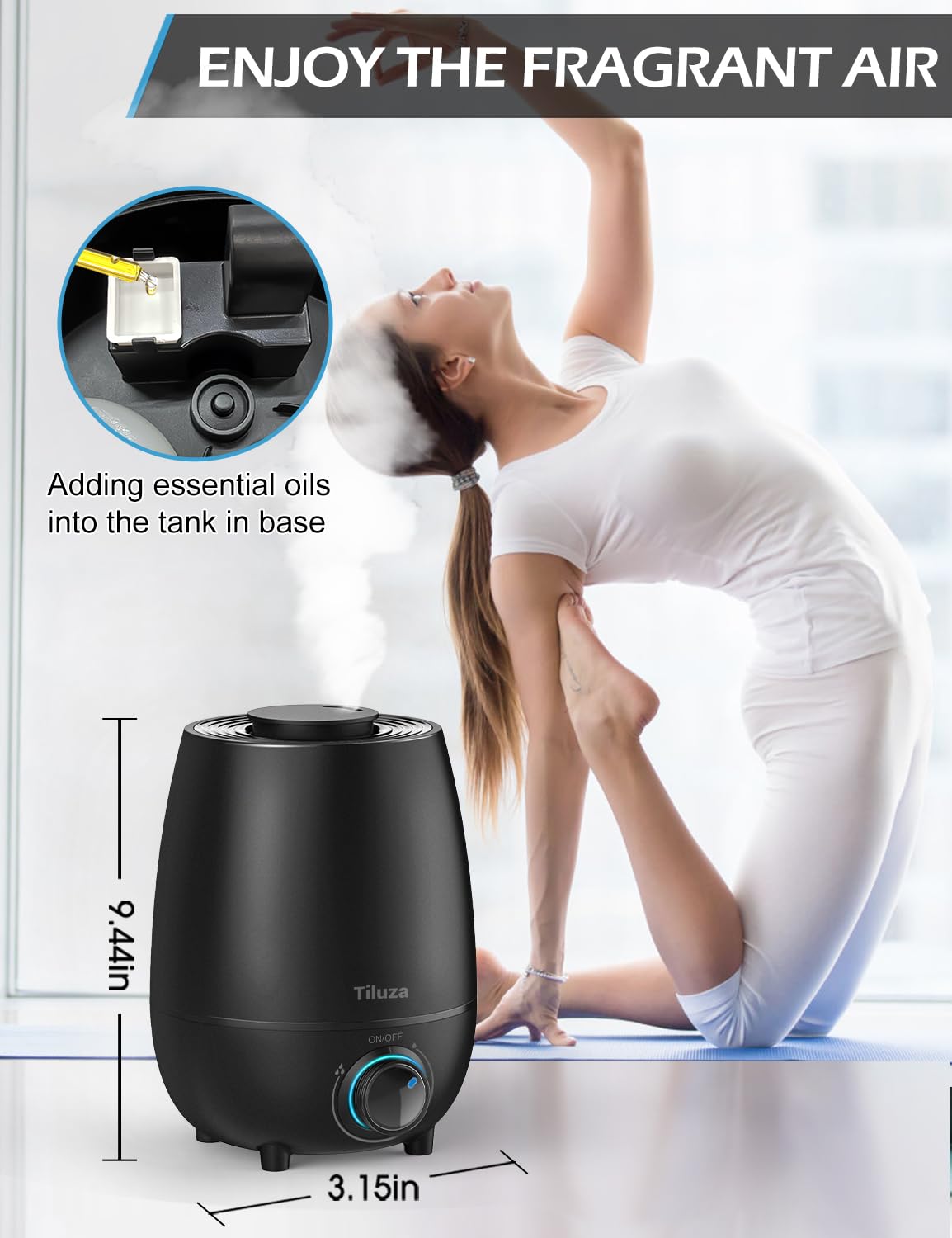 Humidifiers for Bedroom, Tiluza 3L Cool Mist Humidifier for Home Plant and Baby Nursery, Top Fill Quiet Ultrasonic Air Humidifier with 360° Nozzle, Auto Shut-Off, Filterless