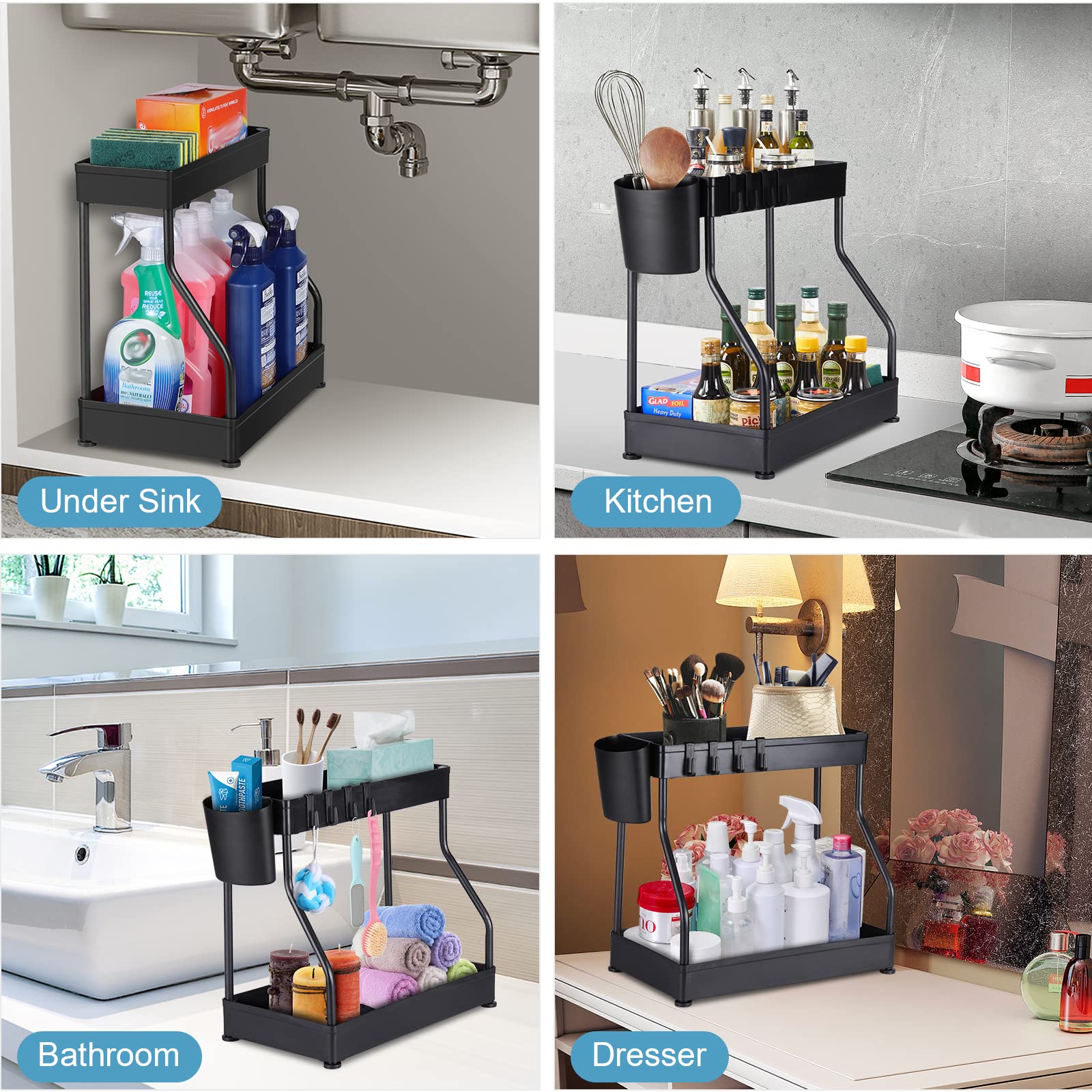 Heyzeibo Under Sink Organizers and Storage, 2 Tier Kitchen Organization with 4 Hooks and 1 Hanging Cup Multi-Use Under Sink Bathroom Organizer for Kitchen, Sink, Bedroom, Cabinet
