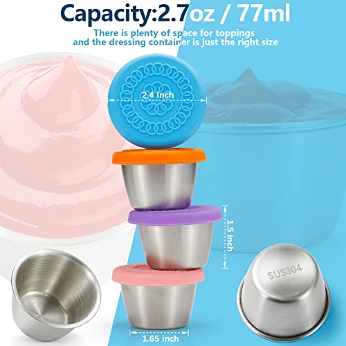 VERFOU Salad Dressing Condiment Container with Lid, 4 Pack 2.7oz Reusable Dip Cup, 304 Stainless Steel Small Food Storage Container with Silicone Lid, Leakproof Sauce Cup Easy Open for Lunch Box