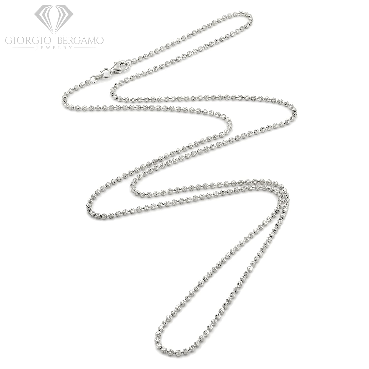 Giorgio Bergamo 925 Italian Sterling Silver 2.5mm Ball Bead Moon Cut Chain, Rhodium Dog Tag Solid Necklace, (24)