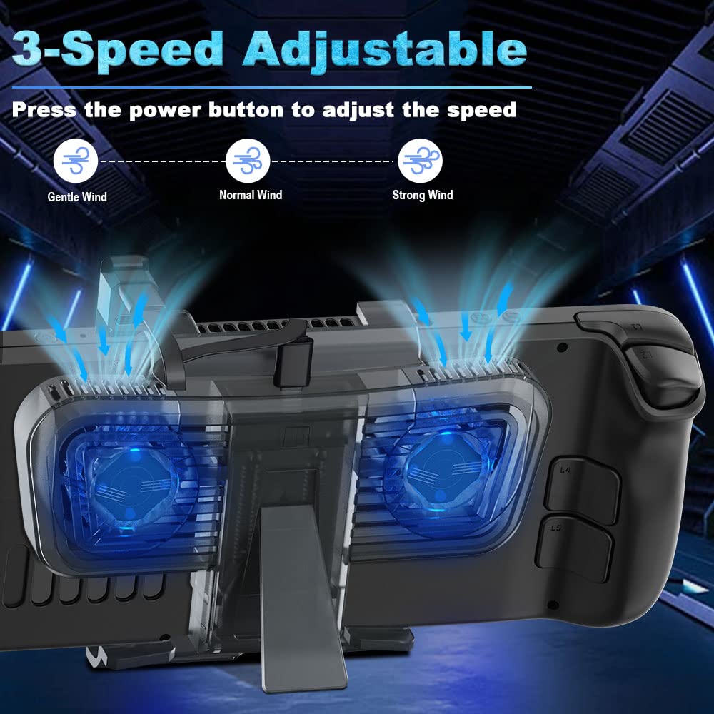 Fan for Steam Deck Fan Cooler with Kickstand for Stream Deck Cooling Fan Accessories with Dual C-Port Adapter, 3-Speed Adjustable, Double Fans, Blue RGB LED