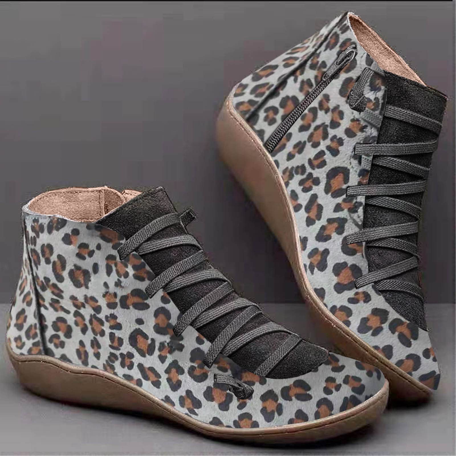 Gyouanime Comfortable Chelseas Boots Shoes 2 Toe Lace-up Ankle Round Casual Leopard Zipper Jean Boots for Women Booties