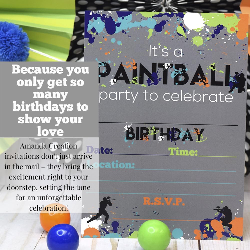 Paintball Themed Birthday Party Invitations, 20 5x7 Fill In Cards with Twenty White Envelopes by AmandaCreation