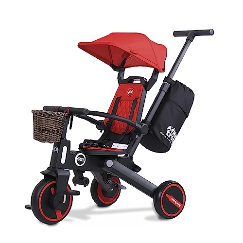 Newtronx Trixplorer-7 in 1 Foldable Toddler Tricycle Removable Push Handle, Rotatable Seat, Adjustable Canopy, Safety Harness, Storage, Basket-Tricycle for Toddlers for 1-5 Year Old (Red Heart)