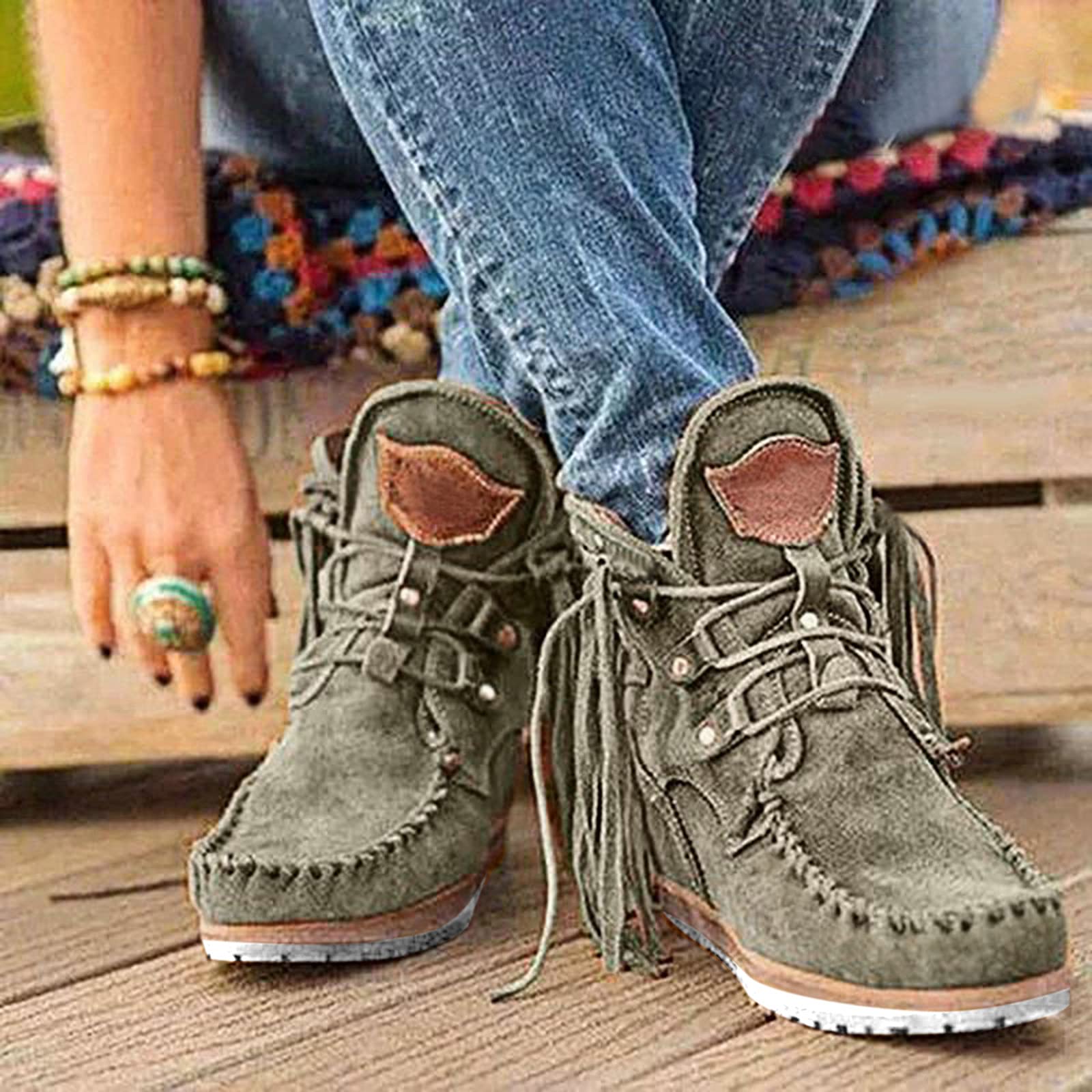 Gyouanime Womens Pointed Toe Ankle Booties Suede Ankle Boots Leather Tassel Round Toe Shoes Retro Womens Boots Size 13 Green