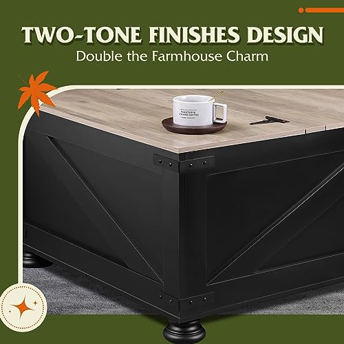 WLIVE Farmhouse Coffee Table,Square Wood Lift Top Coffee Table with Storage,Center Table for Living Room,Home Office,Black and Grey Oak
