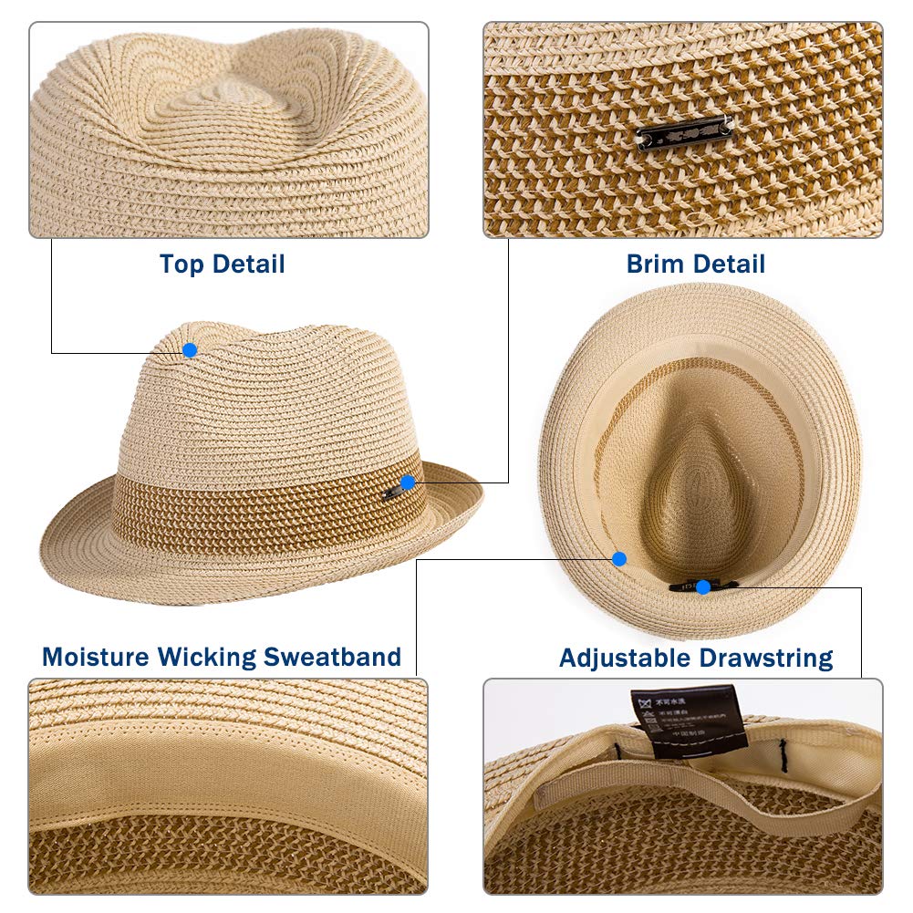 Fancet Packable Straw Fedora Panama Sun Summer Beach Hat Cuban Trilby Men Women 55-64cm (US, Alpha, Large, Beige-Black)