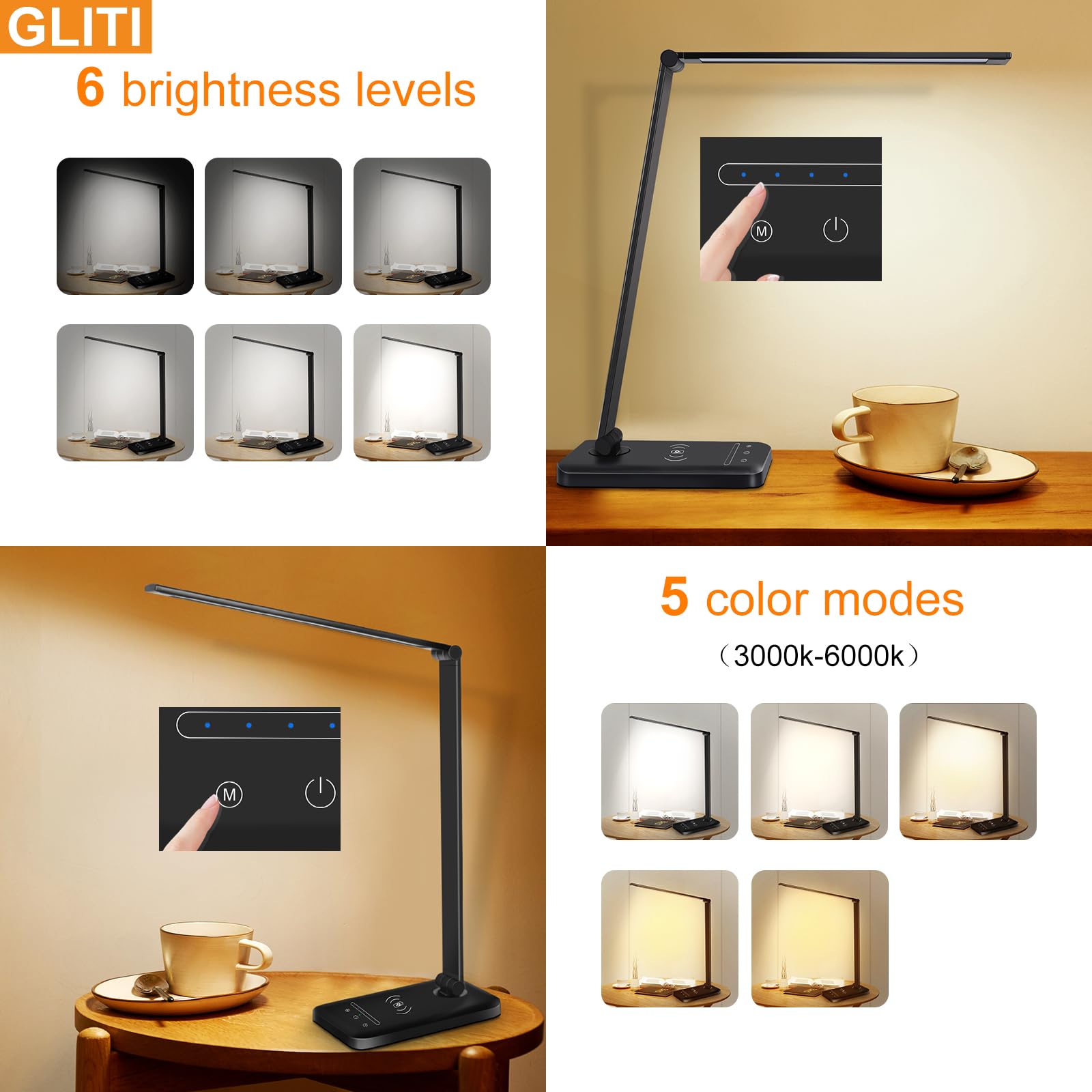 GLITI LED Desk Lamp with Wireless Charging,Dimmable Desk Light, 5 Light Colors, 6 Brightness Levels, Touch Control Table Lamp with USB Rechargeable, Auto Timer, for College Dorm, Home, Office