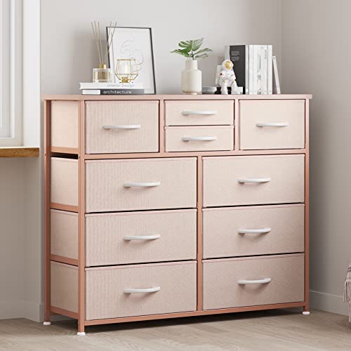 LUMTOK 10-Drawer Dresser, Fabric Storage Dressers Drawers for Bedroom, Hallway, Nursery, Closets, Steel Frame, Wood Top, Easy Pull Handle (Rose Gold)
