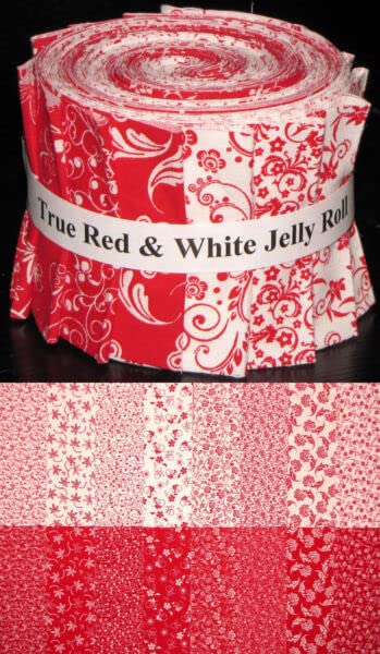 FlashPhoenix Quality Sewing Fabric – 32 Strips 2.5"X 44 Precut Jelly Roll Strip Set Red White Flowers Cotton Fabric