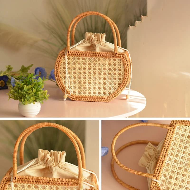 LSDJGDDE Hand Basket Picnic Travel Hand Woven Rattan Handbag Semicircular Stitching Lace up Inner Pocket Handmade