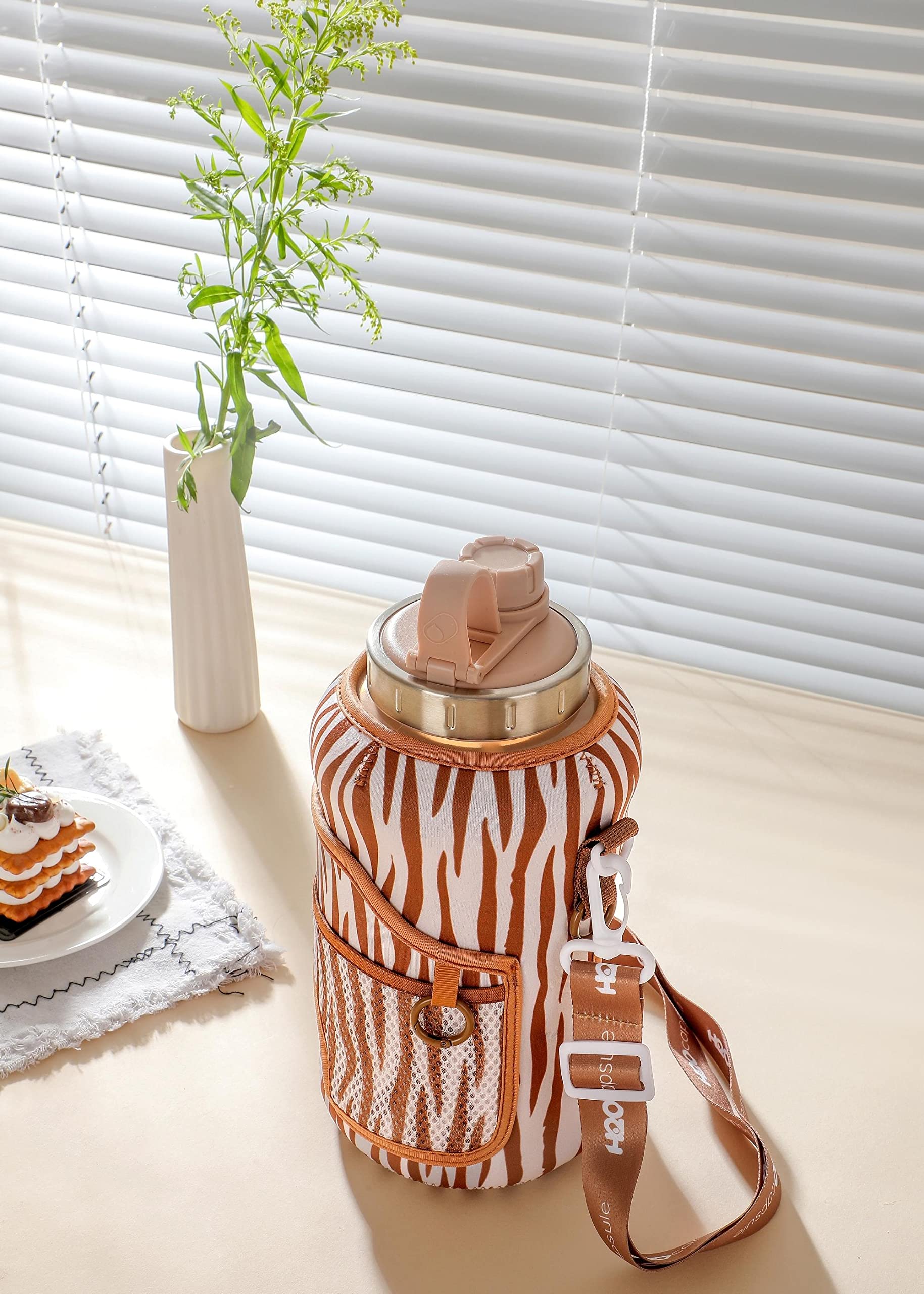 H2O Capsule 2.2L Half Gallon Wide Mouth Water Bottle with Storage Sleeve and Removable Straw - Hydration Tracker Jug with Measurements Marked β Shatterproof BPA-Free, (Libra Zebra)
