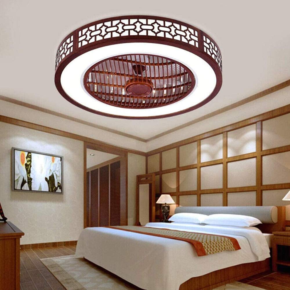 FAiruo Modern Chinese Led Ceiling Fan with Remote Control 64W Invisible Semi-Recessed Installation Solid Wood Adjustable Wind Speed Ceiling Light Fan with Fans Bedroom Living Room Dining
