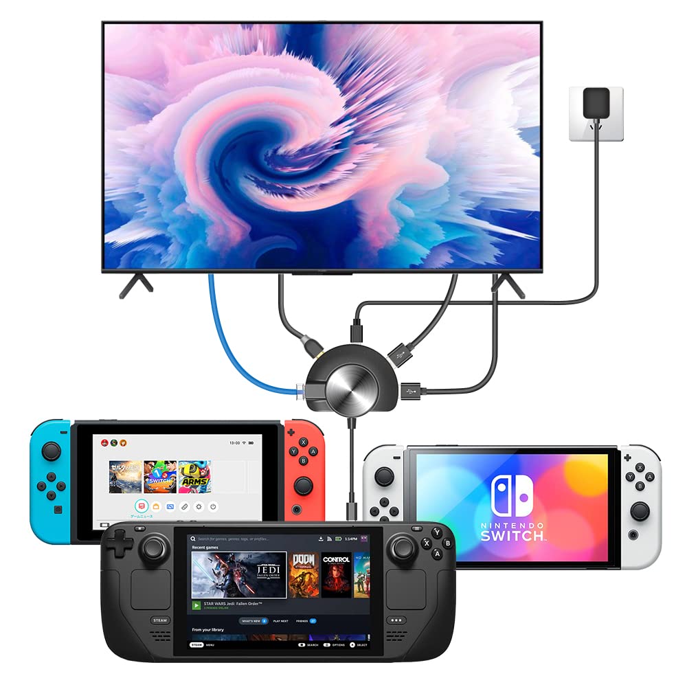 JDDWIN Portable Dock with Ethernet Port for Steam Deck/Nintendo Switch/Nintendo Switch OLED,Portable TV Ethernet LAN Adapter for Steam Deck/Nintendo Switch/OLED with 2*USB,USB C Power.