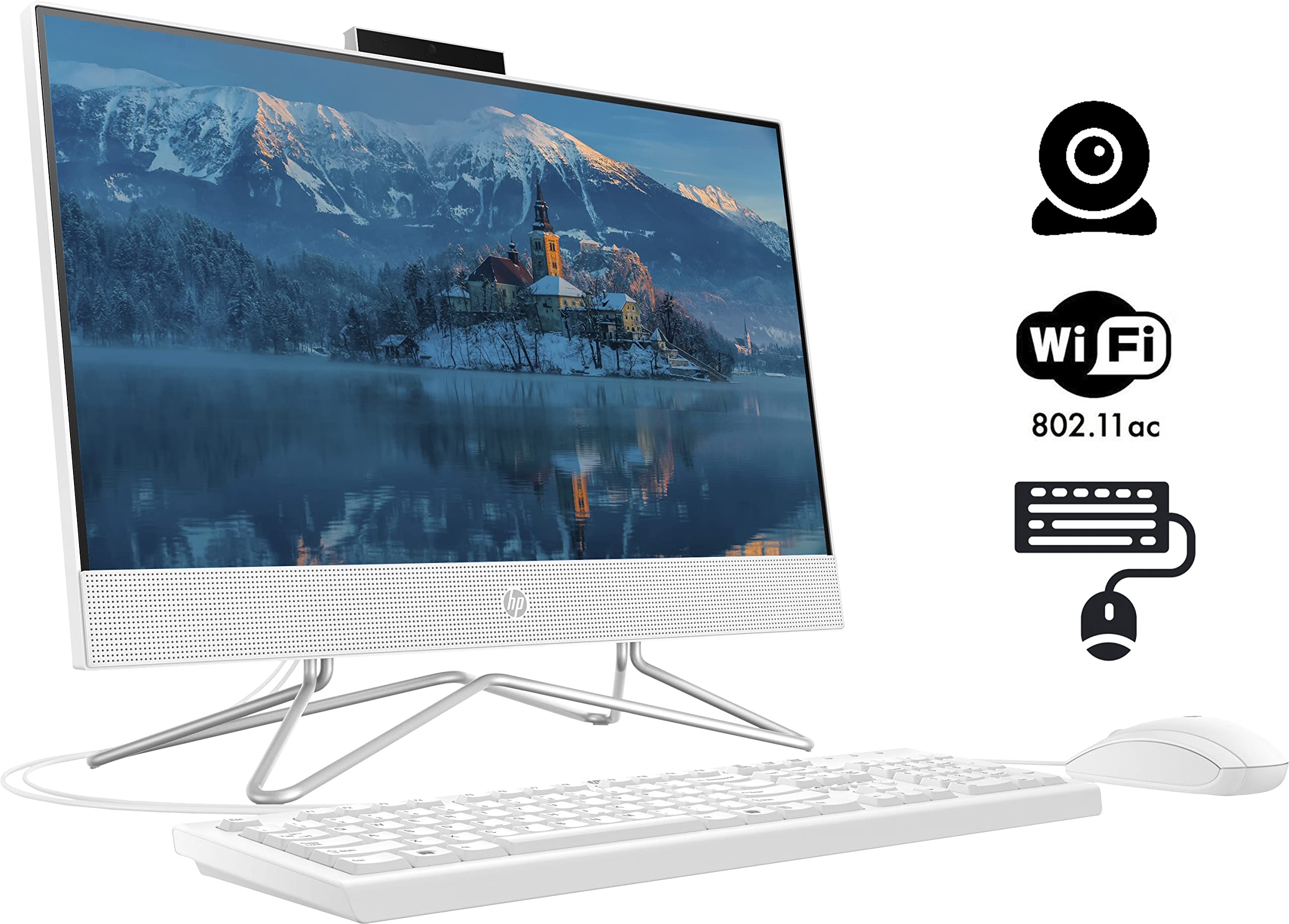 HP All-in-One Desktop, 21.5" FHD Display, Intel Celeron J4025 Processor, 16GB DDR4 RAM, 512GB PCIe SSD, Webcam, Wi-Fi, HDMI, RJ-45, Wired Keyboard&Mouse, Windows 11 Home, White