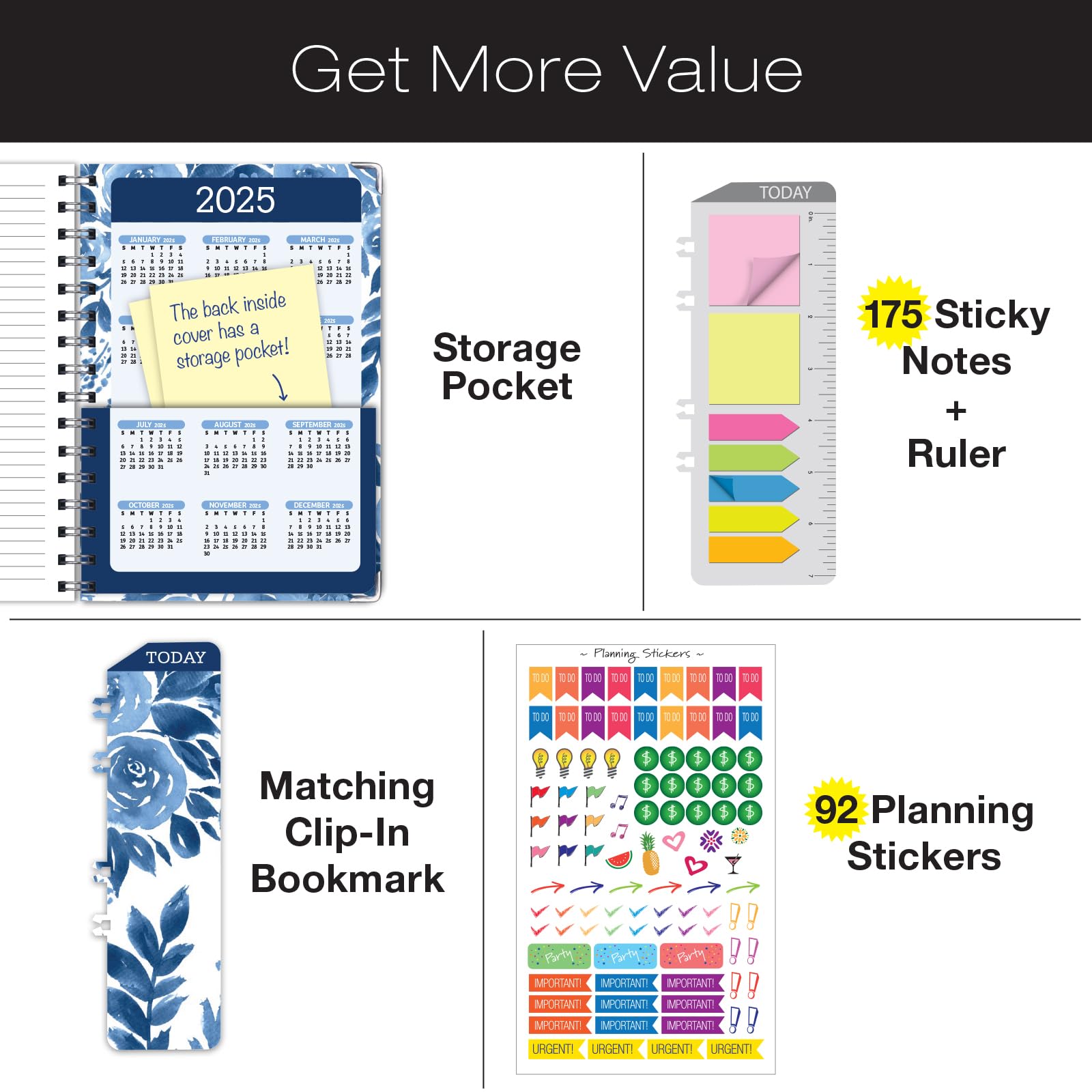 Global Printed Products HARDCOVER 2024 Planner: (November 2023 Through December 2024) 5.5"x8" Daily Weekly Monthly Planner Yearly Agenda Bookmark, Pocket Folder & Sticky Note Set (Blue Bloom)