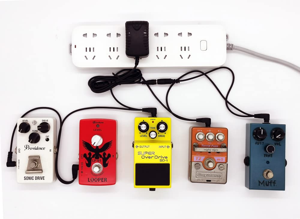 Guitar Pedal Power Supply Adapter 9V DC 1A 1000mA Tip Negative 5 Way Daisy Chain Cables for Guitar Effect Pedals
