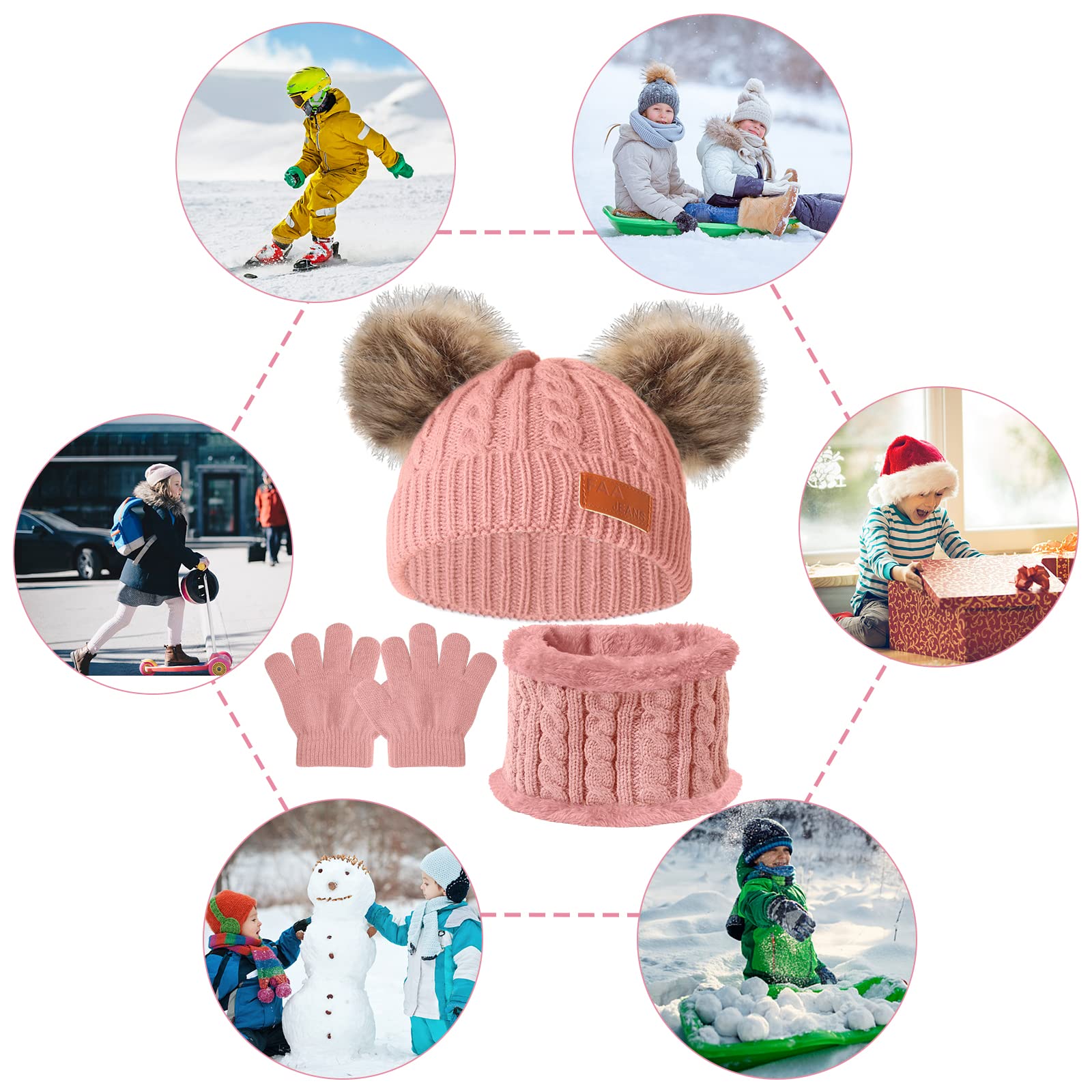 Kids Winter Beanie Hat Scarf Gloves Set, Toddlers Knit Winter Warm Double Pompom Cap Scarf Gloves for 1-5 Years Old (Pink)