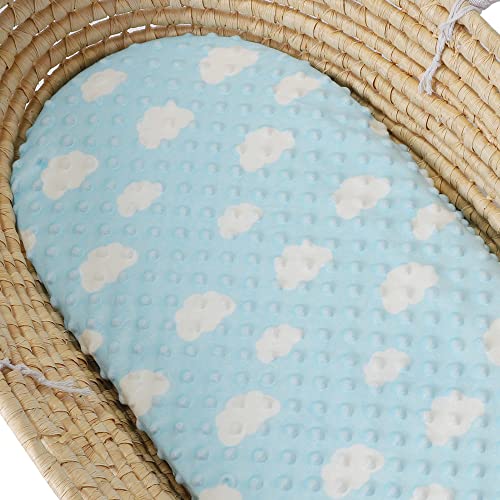 Minky Bassinet Sheet Set 2 Pack Stretch Fitted Cradle Sheets,Ultra Soft Thick Universal Fit Oval Rectangle Hourglass Pad/Mattress, for Baby Girls and Boys Dots Snowflake Blue Clouds