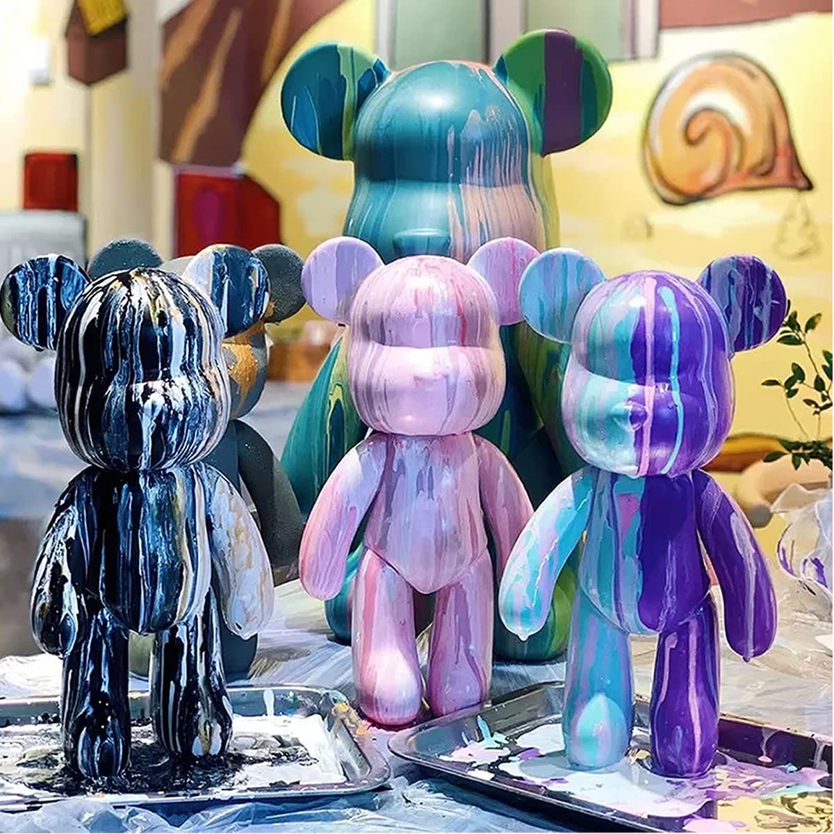 InSassy 7" Easy DIY Create customize Art and Craft kits Non-Toxic Pour Over Acrylic Fluid Paint Bear Kit for boys and girls - White-Lavender-Pink Kit