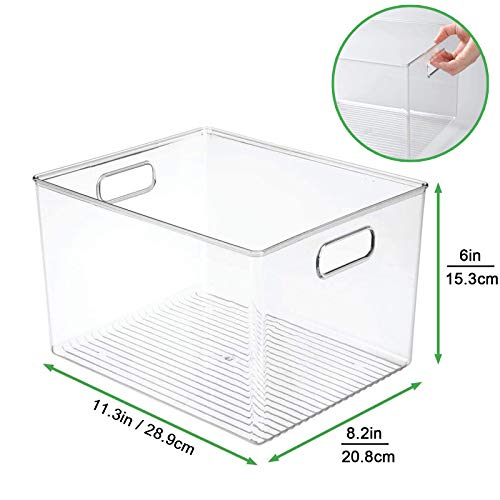 Zeeych Clear Deep Pantry Organizer Bins Household Plastic Food Storage Basket with Cutout Handles for Kitchen,Office, Cabinets, Refrigerator, Freezer, Bedrooms, Bathrooms - 11” L × 8” W × 6” H
