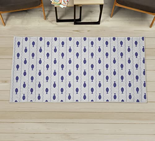 Lunarable Nautical Decorative Rug, Fishes Swimming in The Wavy Lines Sea Shower Marine Modern Graphic Art, Quality Carpet for Bedroom Dorm and Living Room, 2' 2" X 3' 7", Navy Blue