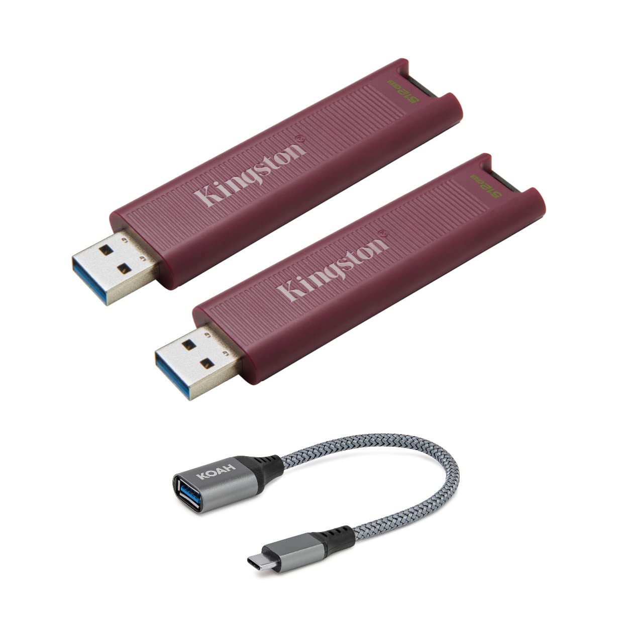 Kingston DataTraveler Max Type-A 512GB High Performance USB Flash Drive (2-Pack) Bundle with USB-C Adapter (3 Items)