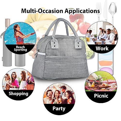 Lunch Bag for Women Men Insulated Reusable Lunch Box Tote Bag, Leakproof Cooler Cute Lunch Box Handbags for Office Work, Home, Picnic Beach or Travel - Grey