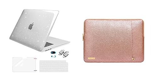 MOSISO PU Leather Laptop Sleeve&Compatible with MacBook Air 15 inch Case 2023 A2941, Sparkly Glitter Hard Shell&Keyboard Cover&Screen Protector&Webcam Cover&Type C Adapter 2 Pack,Transparent&Rose Gold