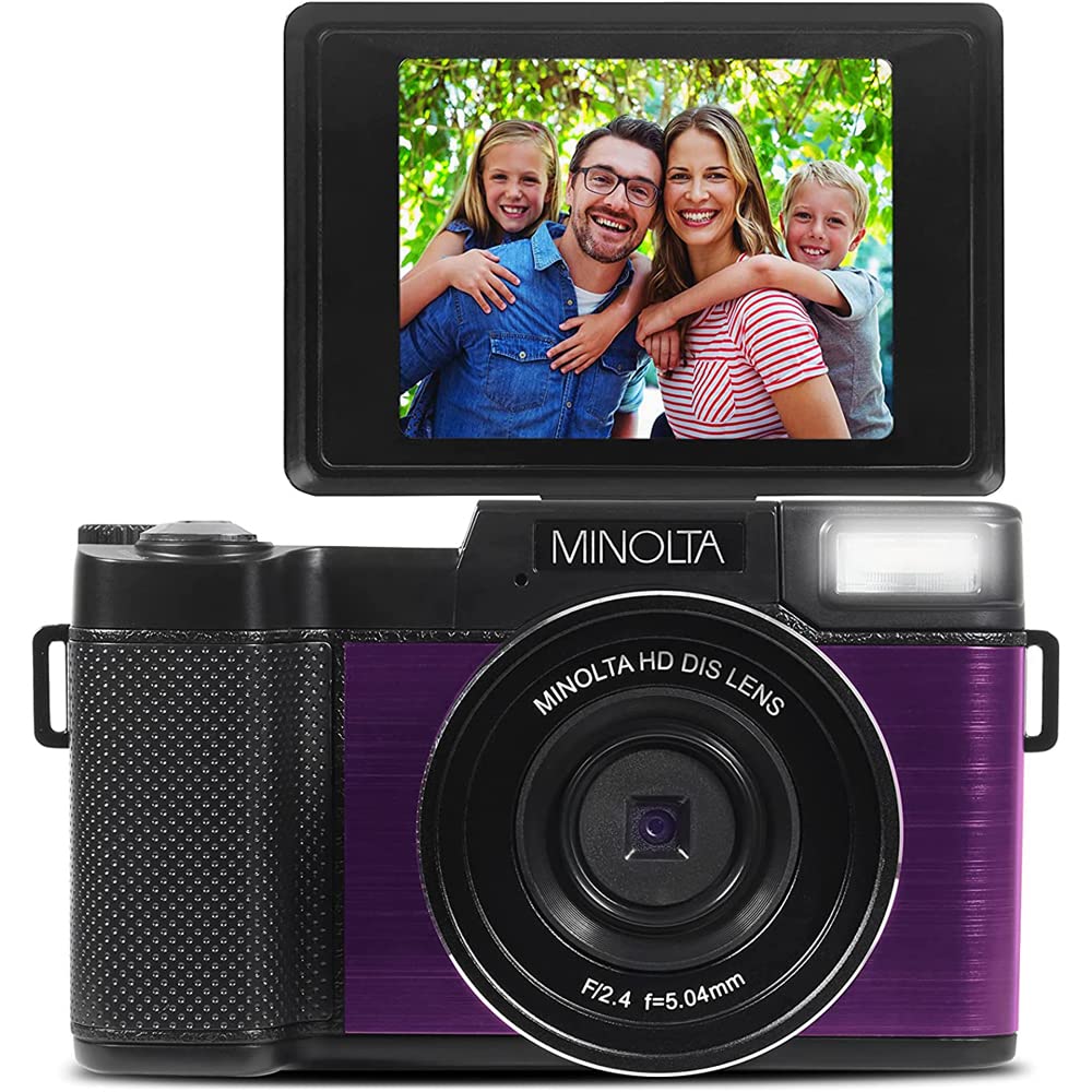 Minolta MND30-P 30MP 2.7K Ultra HD 4X Zoom Digital Camera (Purple) Bundle with Deco Photo Point and Shoot Field Bag Camera Case (Black/Red)