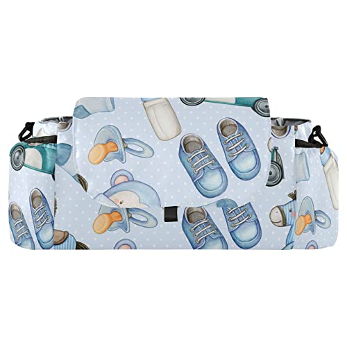 Kigai Baby Pattern Blue Baby Stroller Organizer with Cup Holders, Secure Hooks Accessories Adjustable Strap Stroller Bag for Bottle, Diaper, Phone, Toys, Baby Items