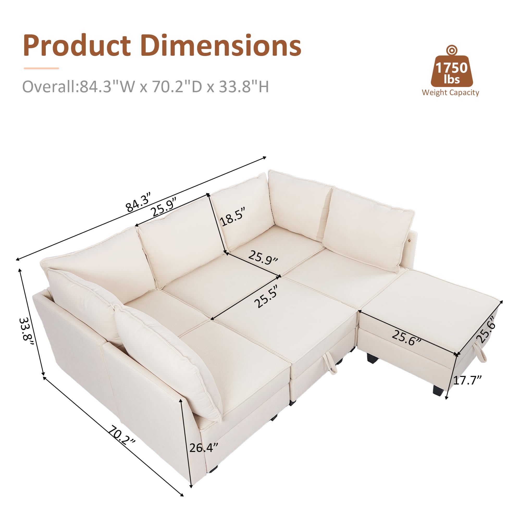 Neylory Modular U-Shaped Sectional Sofa, Oversized 7 Seater Sectional Couch with Storage Seat & Ottoman, Convertible Sleeper Sofa for Living Room, Beige