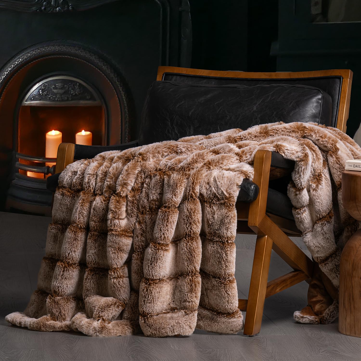 EVERGRACE Soft Rabbit Faux Fur Throw Blanket for Couch Bed, Luxury Cozy Fluffy Channel Blanket Warm Thick Mink Blanket with Reversible Plush Velvet for Winter, Caramel Brown, 60βx80β