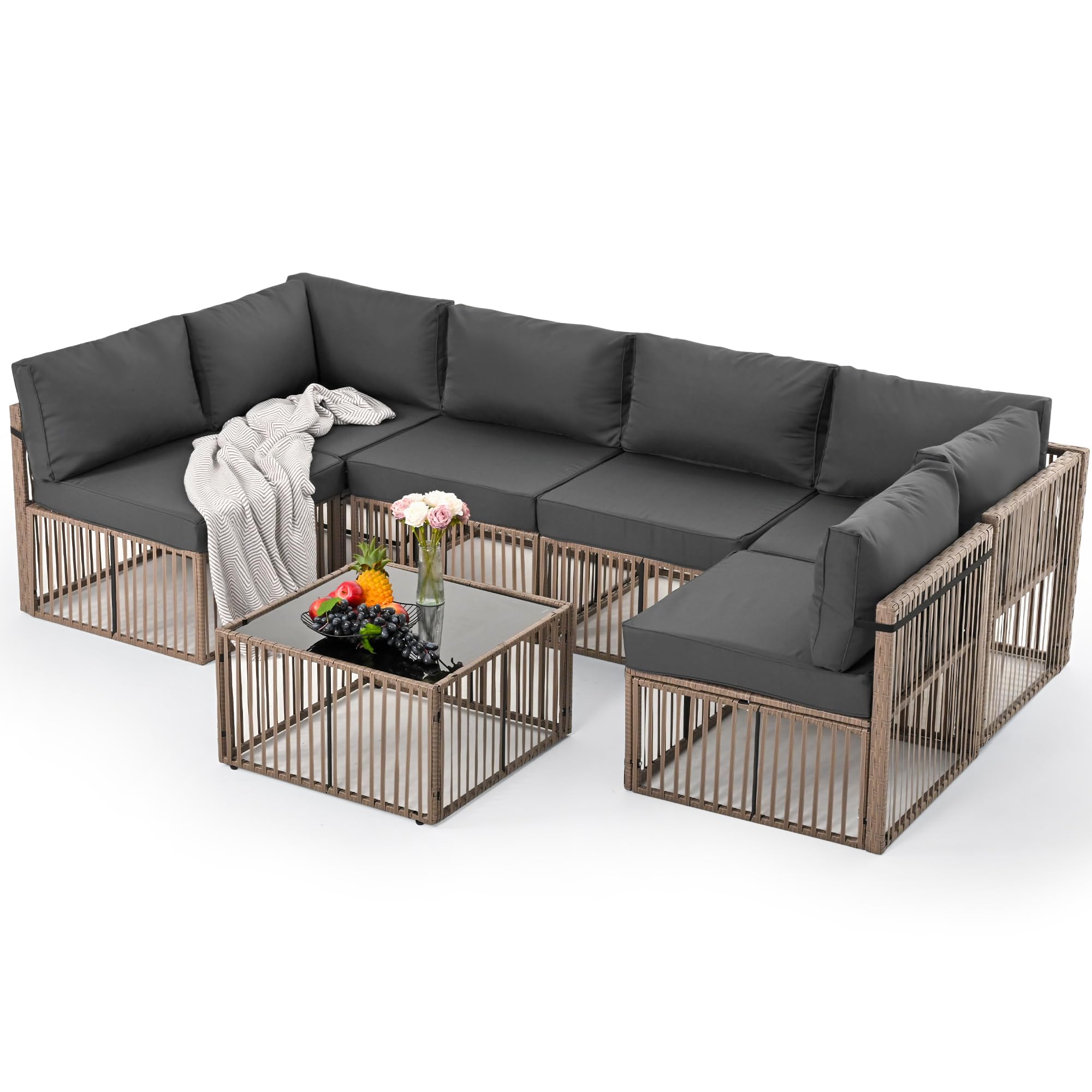 Pamapic 7 Pieces Outdoor Sectional Set, All-Weather PE Rattan Patio Conversation Set, Wicker Adjustable Patio Furniture Set with Washable Cushions Covers and Coffee Table, Brown Rattan, Gray Cushion