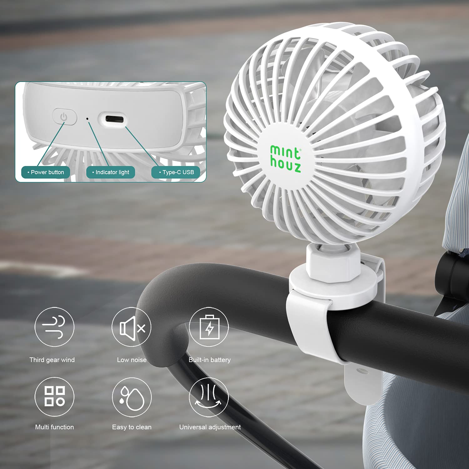 Minthouz Portable Stroller Fan, Rechargeable Small Fan with Flexible Strap, 3 Speeds Personal Fan USB Mini Cooling Fan for Stroller, Car Seat, Bike,Travel, Camping, and Bedroom