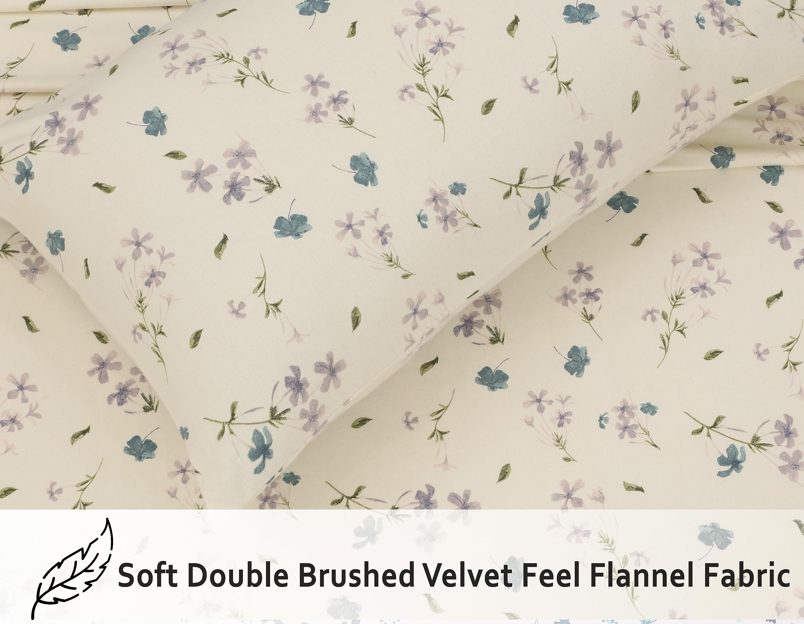 RUVANTI Flannel Sheets Twin Size - 100% Cotton Double Brushed Twin Sheets Set, Deep Pockets 16 Inches, All Seasons Breathable & Extra Soft Bed Sheets, Warm & Cozy, 3 Piece, Jasmine Stamp Cream