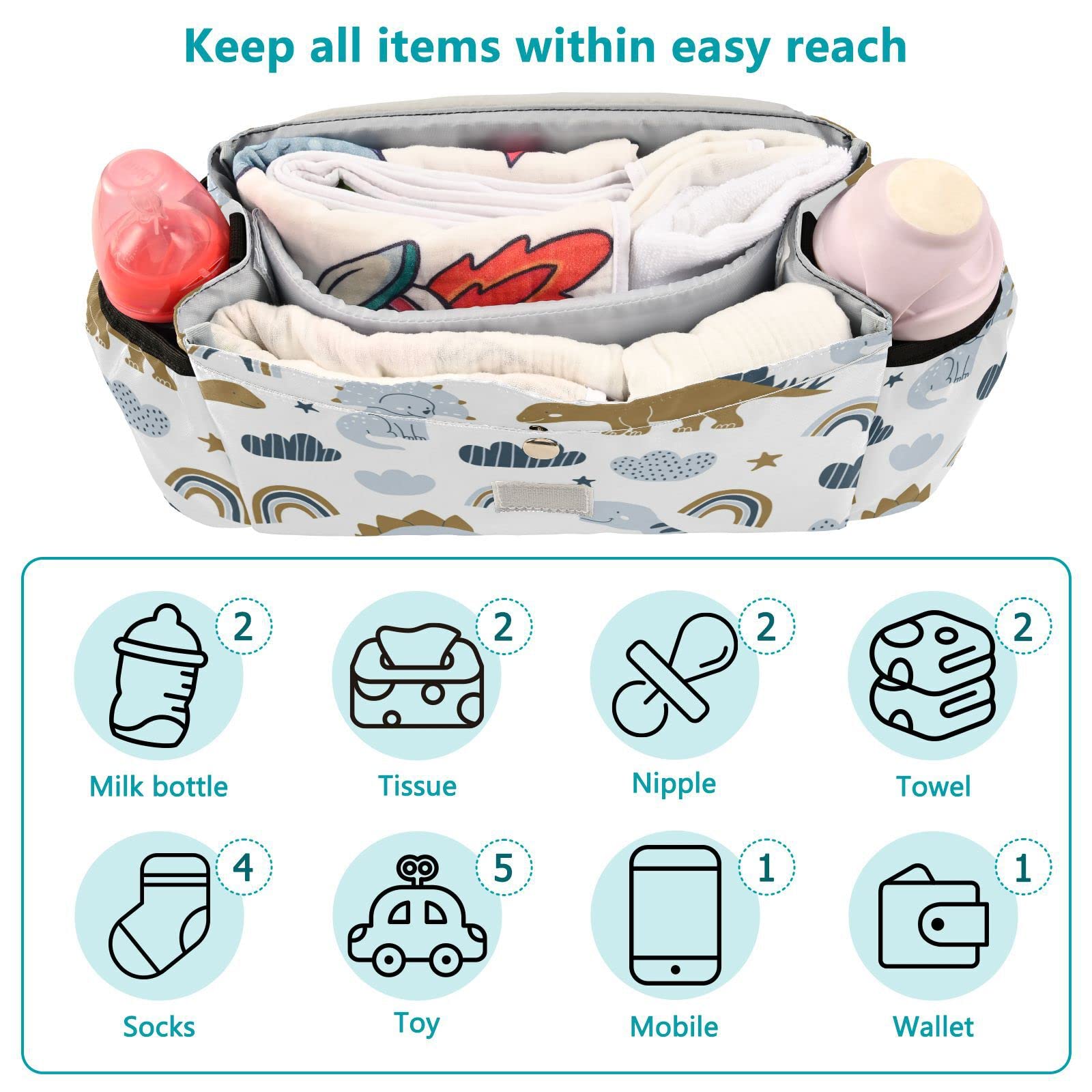 Kigai Cute Blue Dinosaurs Baby Stroller Organizer with Cup Holders, Secure Hooks Accessories Adjustable Strap Stroller Bag for Bottle, Diaper, Phone, Toys, Baby Items
