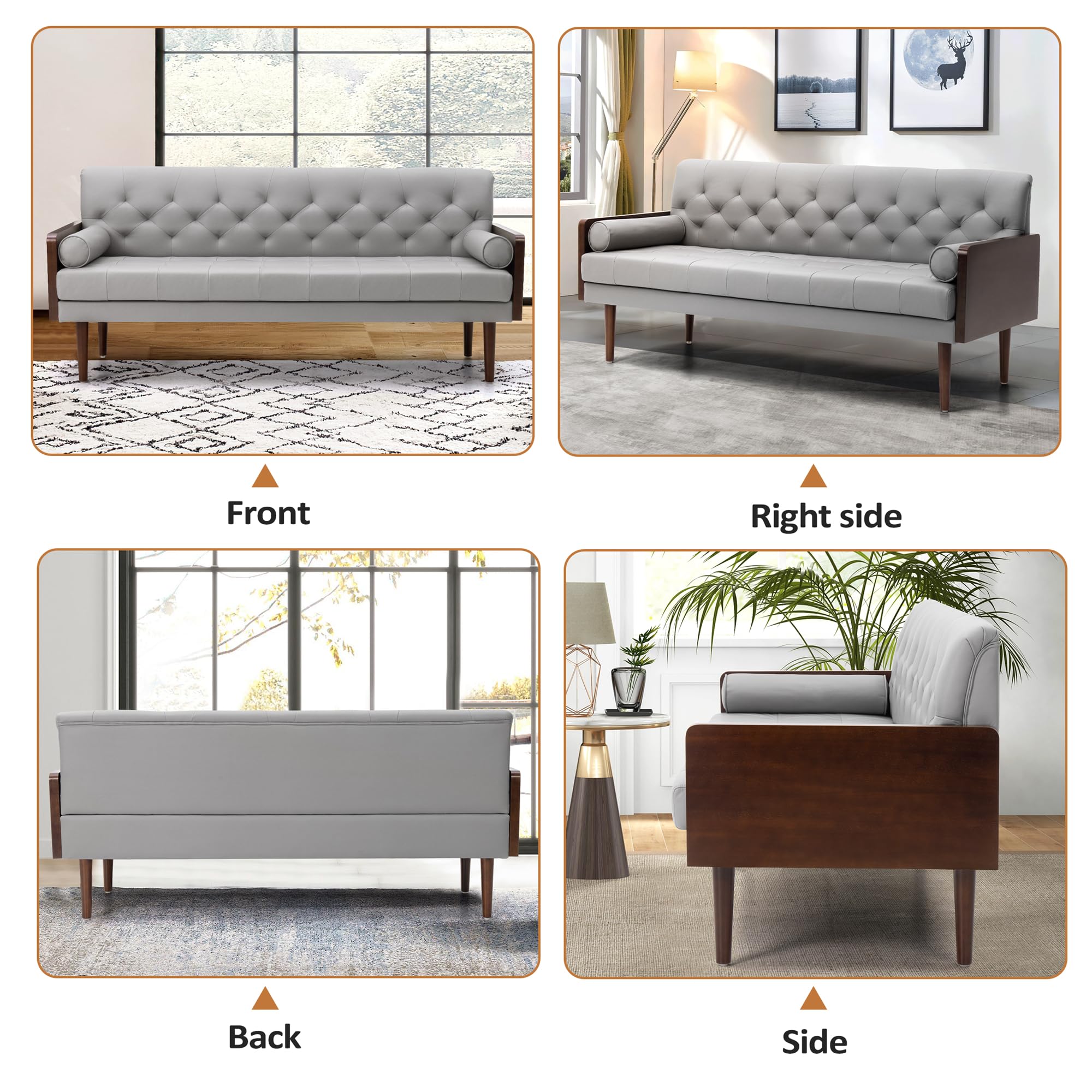 PATIOHIT Faux Leather Couch Modern 72" Sofa Couch with 2 Bolster Pillows Mid Century Modern Upholstered Loveseat Sofa Couch for Living Room Apartment Office (Grey)