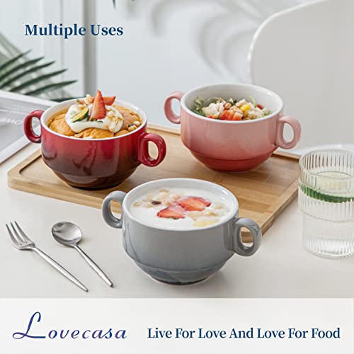 LOVECASA Multi-Color 13 OZ Soup Bowls with Handles, Ceramic French Onion Soup Bowls, Soup Mugs Serving Bowls for Kitchen, Microwave & Dishwasher Safe, Set of 6