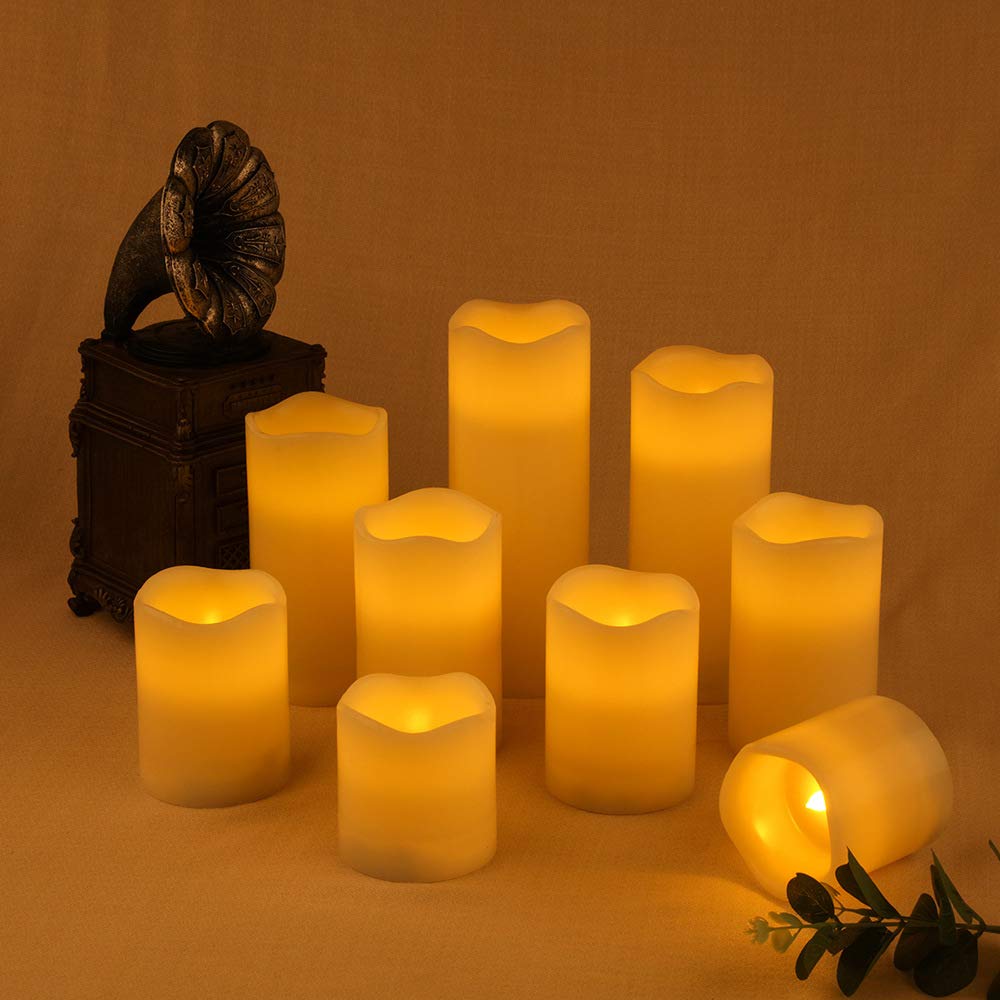 Flameless Candles LED Candle Set of 9 (D 3" x 3" 4" 5" 6" 7" 8") Flickering Electric Candles aa Battery Operated, Real Wax Moving Wick LED Pillar Candle Sets with Remote Control and Timer